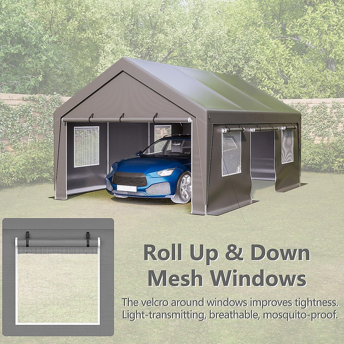 DetalleGo Carport, 13x20 ft Heavy Duty Carport Canopy with Removable Sidewalls and Doors, Portable Garage with Roll-up Ventilated Windows Storage Shelter for Car, Truck, SUV, Boat