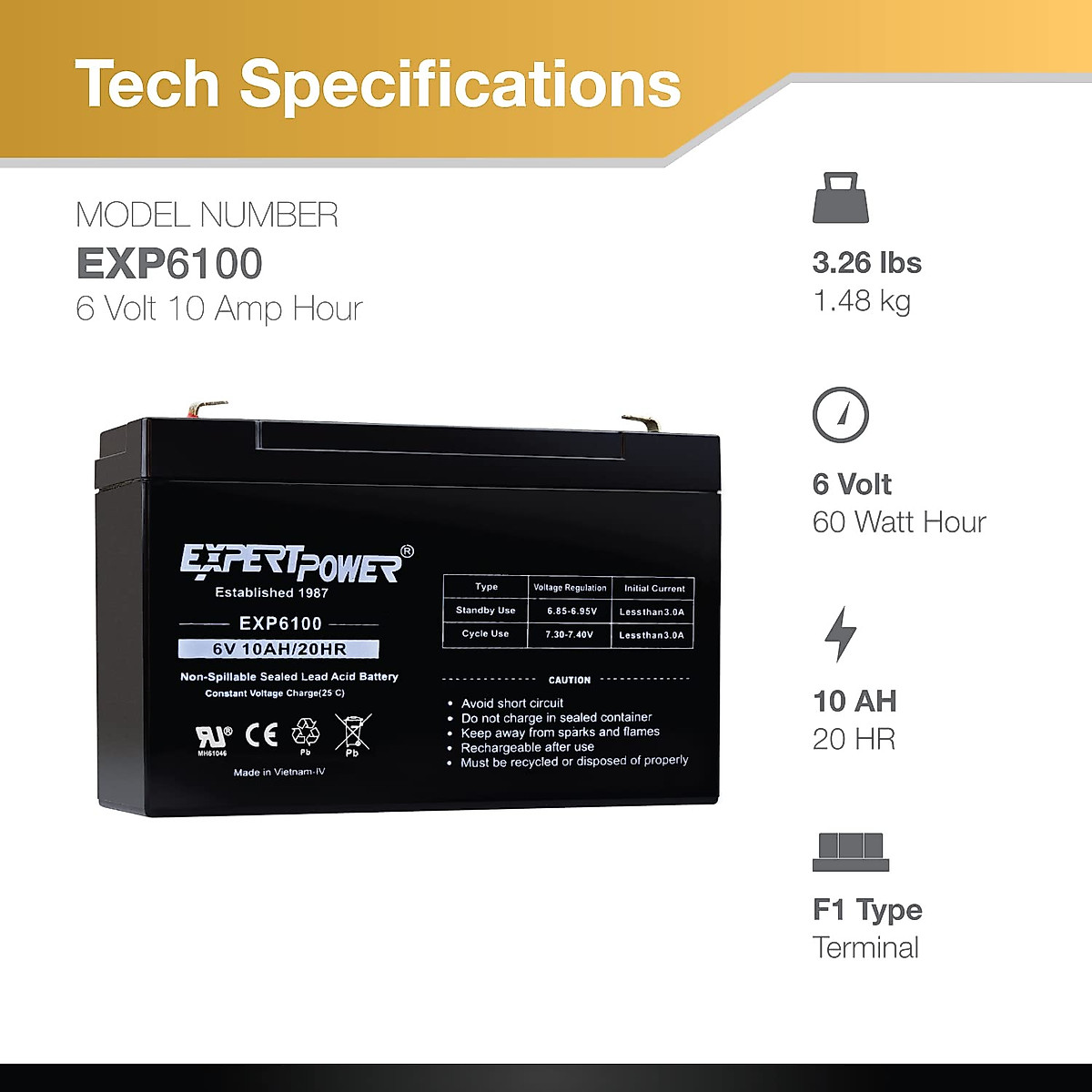 ExpertPower 6V 10AH Sealed Lead Acid (SLA) Battery with F1 Terminal
