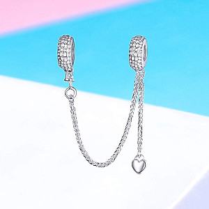 ARTCHARM Heart Safety Chain Charm 925 Sterling Silver Beads fit European Charms Bracelet & Necklace (Love Safety chain)