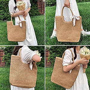 QTKJ Summer Beach bag, Handwoven Straw Bag, Soft Large Beach Tote Boho Beach Shoulder Hand Bag, Woven Bag for Women Vacation Travel, Daily(Khaki)