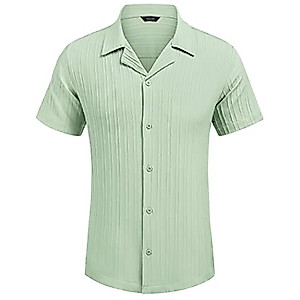 COOFANDY Men's Linen Shirts Short Sleeve Button Down Shirt for Men Fashion Summer Beach Shirt, Light Green, L