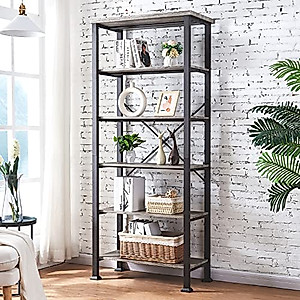 HOMBAZAAR Bookshelf, 6-Tier Vintage Industrial Book Shelf, Rustic Wood and Metal Bookcase and Bookshelves, Free Standing Storage Large Bookshelf for Living Room, Bedroom and Kitchen, Grey Oak