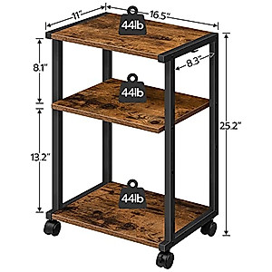 HOOBRO Mobile Printer Stand, 3-Tier Printer Cart Under Desk with Storage, Industrial Adjustable Rolling Cart , Sturdy Little Table on Wheels for Home Office, Rustic Brown and Black BF28PS01