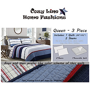 Cozy Line Home Fashions Navy Blue Red Striped Boy 100% Cotton Reversible Quilt Bedding Set, Coverlet, Bedspread (Harlan, Queen - 3 Piece)