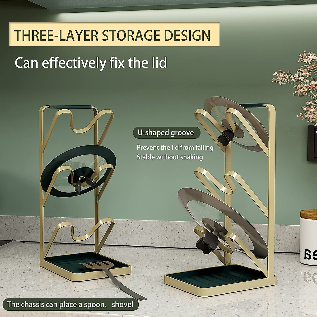 szxzy01 Lid Stand Lid Organizer Pot Lid Rack Holder for Utensils in Kitchen Cabinet Spatula Rack,Cutting Boards,Spoon Storage Gold