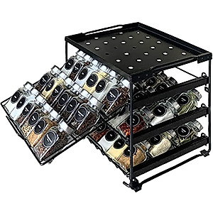 Artibear Spice Rack Organizer with Mesh Drawer for Kitchen Cabinet, 3-Tier Seasoning Storage Holder for Pantry Countertop, Matte Black (Jars Not Included)