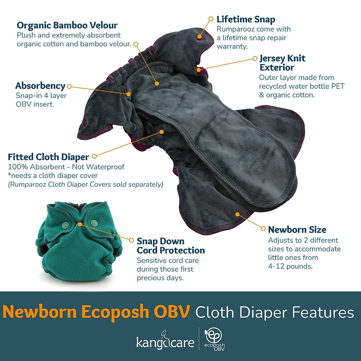 Kanga Care Ecoposh OBV Newborn Baby All in One AIO Fitted Cloth Diaper for Heavy Wetter and Nighttime Organic Bamboo Velour | Saffron (Yellow) 4-12 lbs