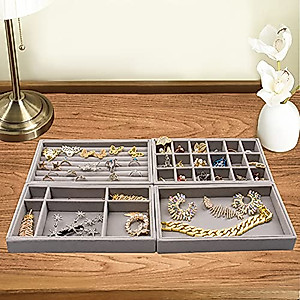 Tasybox Velvet Jewelry Trays Organizer for Drawers, Small Stackable Jewelry Display Tray for Ring Earring Bangle Bracelet Necklace, Set of 4, Gray