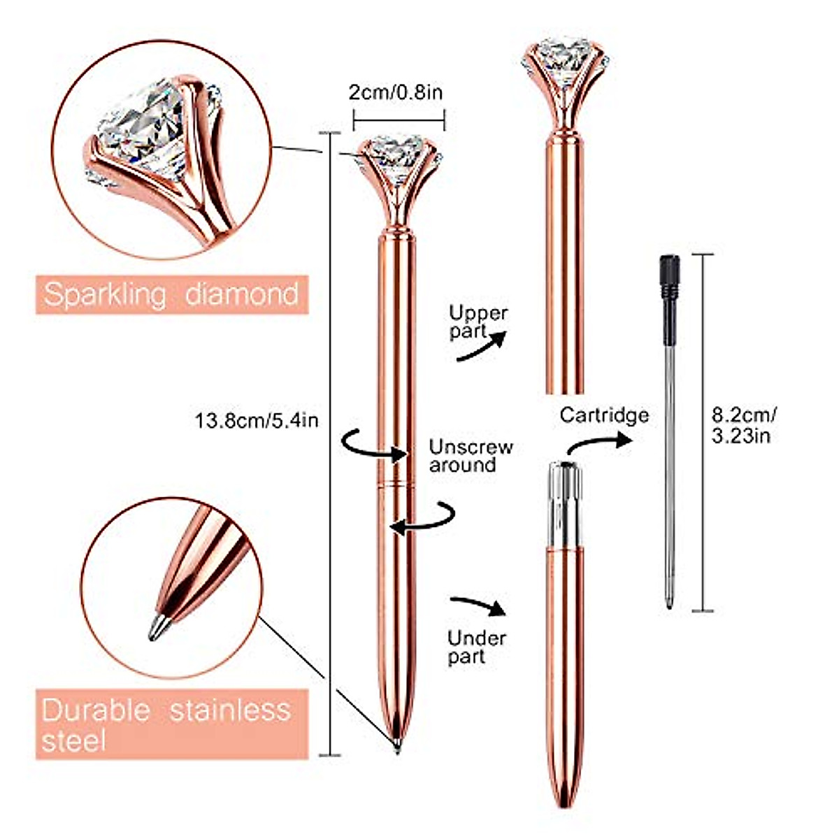 JOANCÉE 16 PCS Diamond Pen With Big Crystal Bling Metal Ballpoint Pen, Office Supplies And School, Rose Gold/White Rose Polka Dot/Silver/Rose Gold With White Polka Dots, Includes 16 Pen Refills