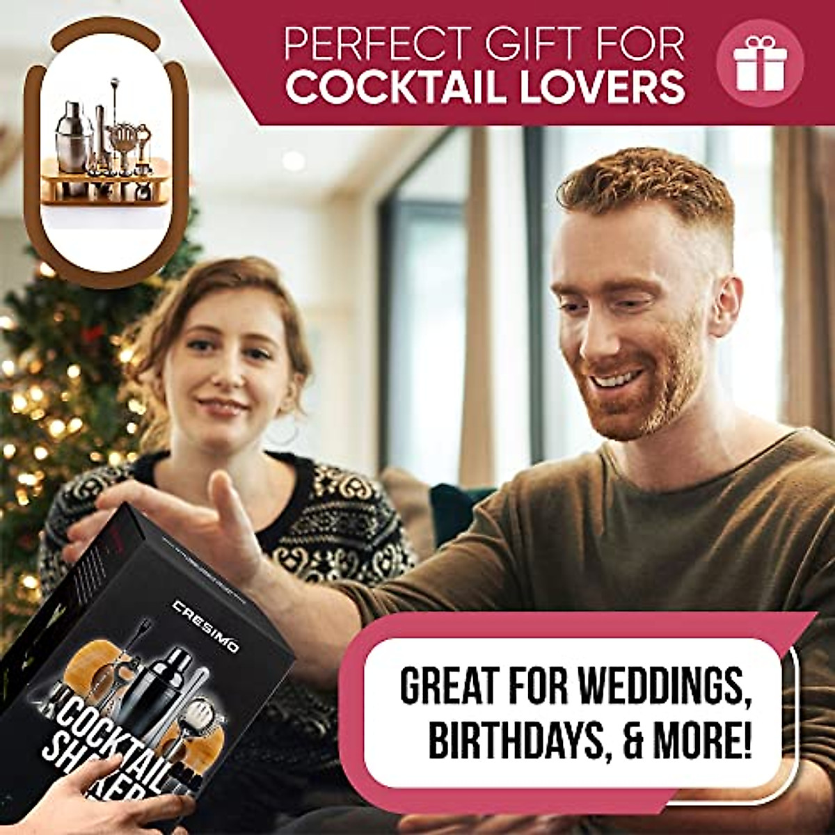 Cocktail Shaker Set: 12-PC Drink Shakers Cocktail with Bamboo Stand - Ultimate Home Bar Kit & Martini Shaker Set - Bar Set, Cocktail Mixer, Bartender Kit, Bar Tools - Cresimo Cocktail Set