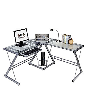 OneSpace Ultramodern Glass L-Shape Desk, Silver and Clear