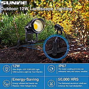 SUNVIE 12W LED Low Voltage Landscape Lights, Outdoor 12V 3000K Warm White (900LM) Waterproof Garden Pathway Lights Wall Tree Flag Spotlights with Spike Stand, 2 Pack with Connector