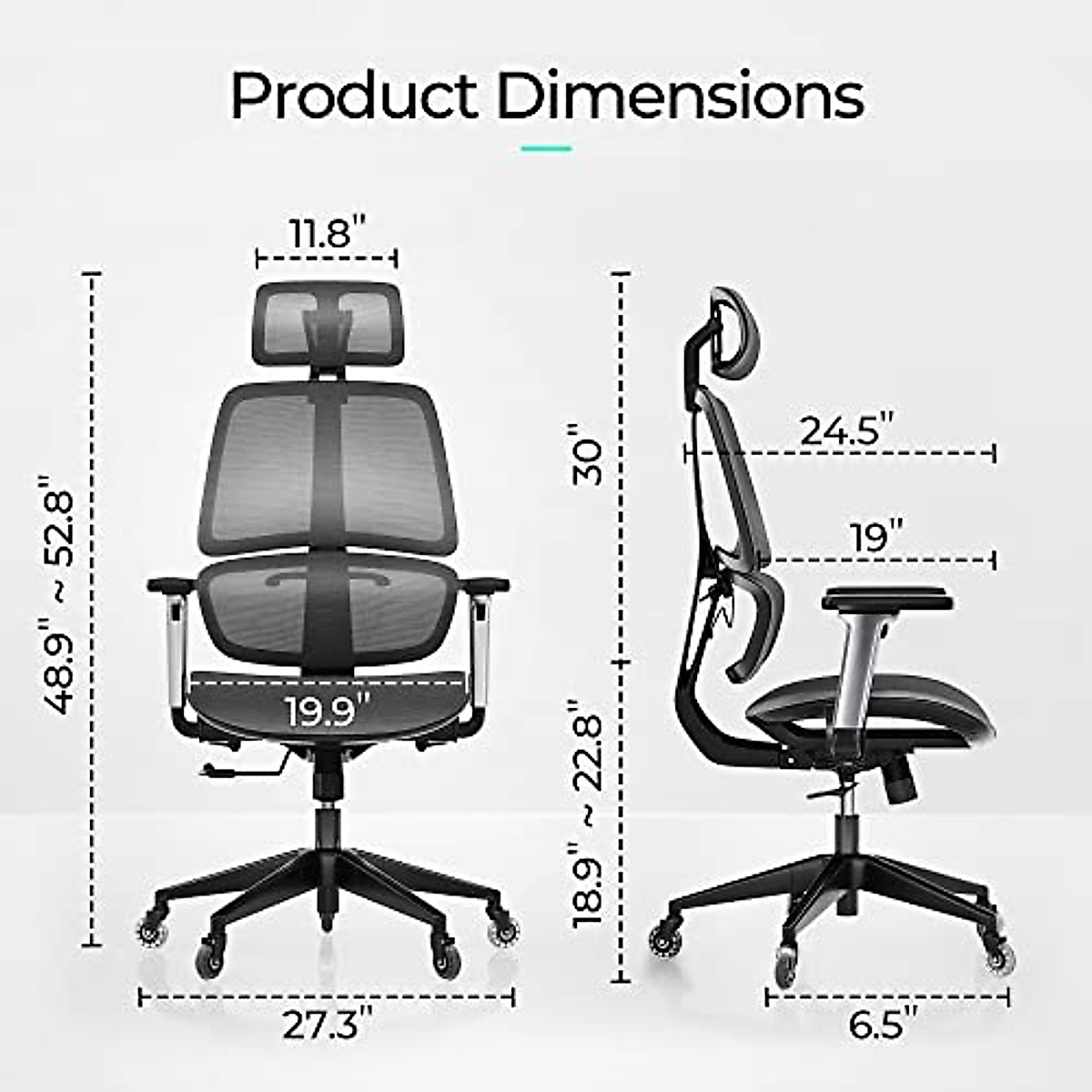 LINSY HOME High-Back Office Chair, Swivel Ergonomic Task Chair with Adjustable Headrest and Arms, Lumbar Support and PU Wheels, Computer Mesh Chair for Home Office, Dark Grey