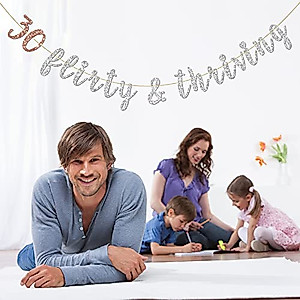 INNORU 30 Flirty & Thriving Banner, Happy 30th Birthday Party Decorations, 30th Anniversary Banner, Cheers to 30 Years Party Decoration Silver Glitter