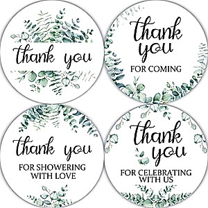 80 Pieces Watercolor Green Leaves Thank You Stickers, Wedding Baby Shower Birthday Party Decorate Green Leaves Theme Round Label Decorations, 4 Design Stickers