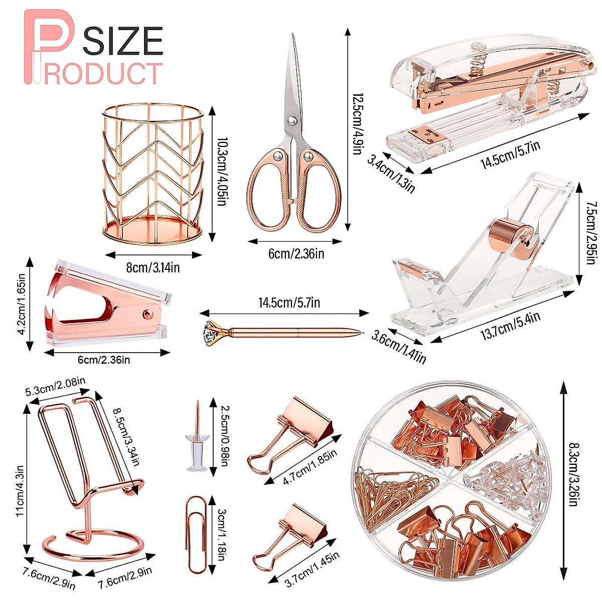 Rose Gold Office Supplies and Accessories, Acrylic Stapler, Staple Remover, Tape Dispenser, Pen Holder, Phone Holder, Scissors, Paper Clips, Binder Clips, 2 Pen and 1000 pcs Staples