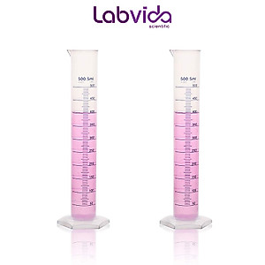 Labvida 2pcs of Plastic Measuring Cylinders, Vol.500ml, PP Material with Blue Printed Graduation, LVF001