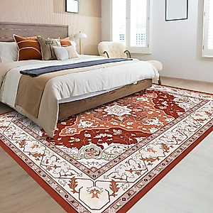 HOMFINE Area Rug 9x12 - Soft Low-Pile Washable Rug with Non-Slip Backing, Orange Plant Floral Pattern Vintage Rug for Living Room Bedroom Dining Home Office