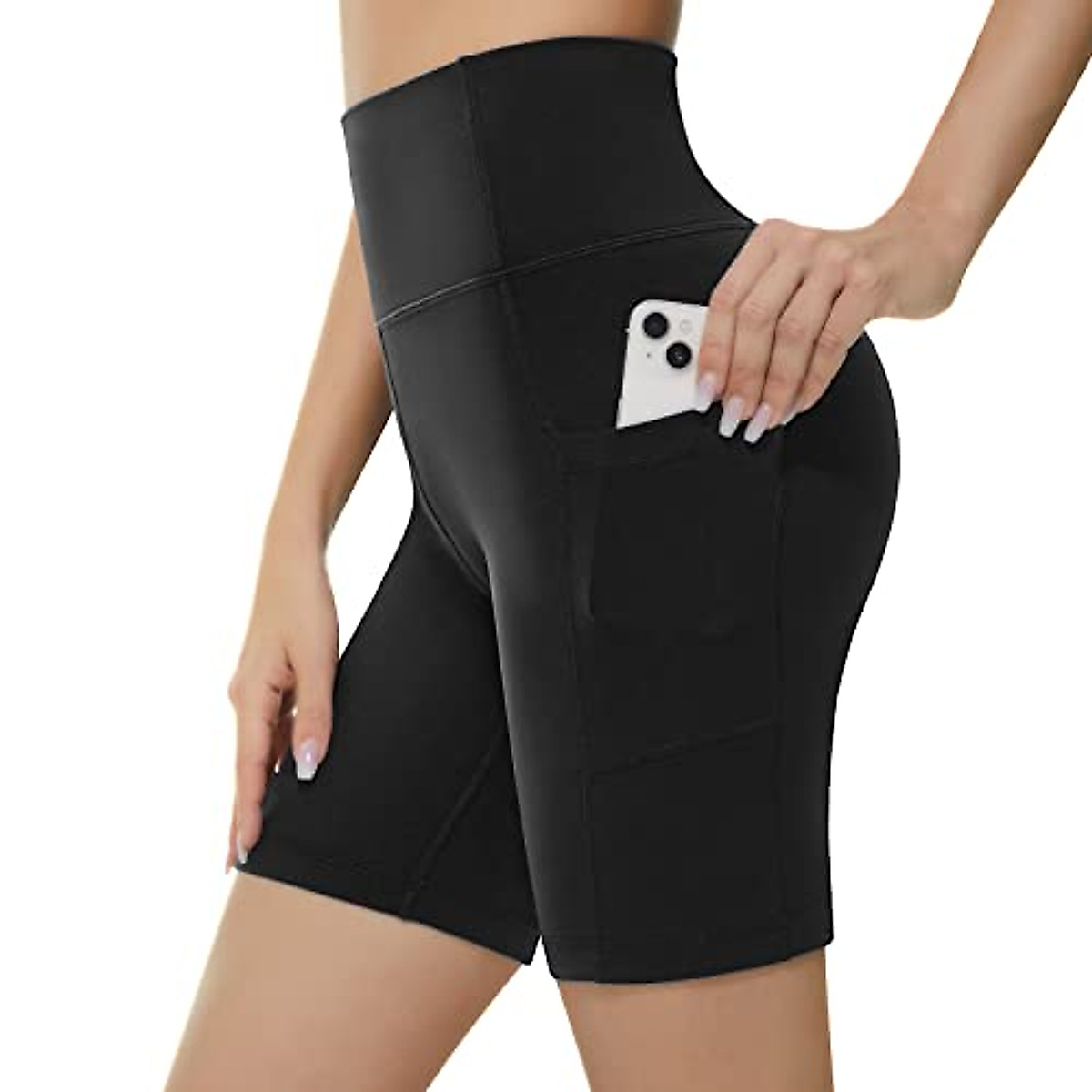 KKB Women's 8''/5'' High Waist Active Wear Shorts Yoga Leggings, Tummy Control Workout Shorts Side Pockets Running Pants (XX-Large, 1-8"-Black)