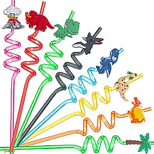 24Pcs Reusable Dinosaur Straws Birthday Decoration Party Favors, Safari Jungle Plastic Crazy Straws Dinosaur Party Supplies for Kids Boys Girls
