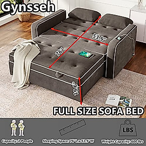 Gynsseh Pull Out Sofa Sleeper, 3 in 1 Convertible Sleeper Sofa Bed with Dual USB Ports and 2 Pillows, Linen Upholstered Adjustable Loveseat Couch with Pull Out Bed for Living Room (Brown Gray)