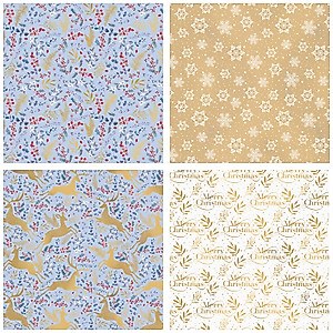 RUSPEPA Christmas Wrapping Paper - Reindeer, Snowflake, Flower and Text Design with Metallic Foil Shine - 4 Rolls - 30 Inches x 10 Feet Per Roll