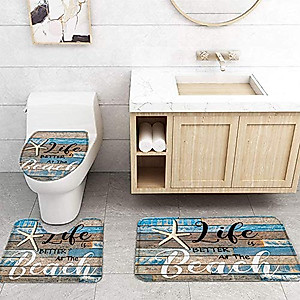 Life is Better at The Beach Starfish 4 Pcs Shower Curtain Sets with Non-Slip Bathroom Rugs Toilet Lid Cover and Bath Mat, Durable Waterproof Curtains with Hooks Rustic Wood Grain