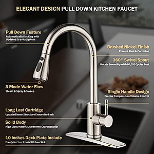 Kitchen Faucets with Pull Down Sprayer Brushed Nickel,Jurishan Upgraded Single Level Stainless Steel Kitchen Sink Faucet with 3-Spray Mode, 360°Swivel Faucet for for Kitchen,Farmhouse,RV,Bar