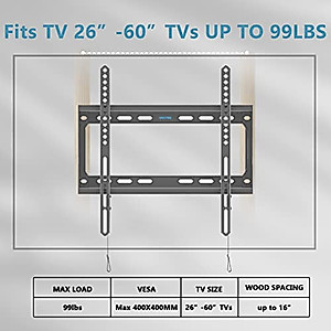 Fixed TV Wall Mount for Most 26-60 Inch TVs, Low Profile TV Mount with Quick Release Lock, Ultra Slim Wall Mount TV Bracket, Max VESA 400x400mm, Holds up to 99 lbs, up to 16”Wood Studs by USX STAR