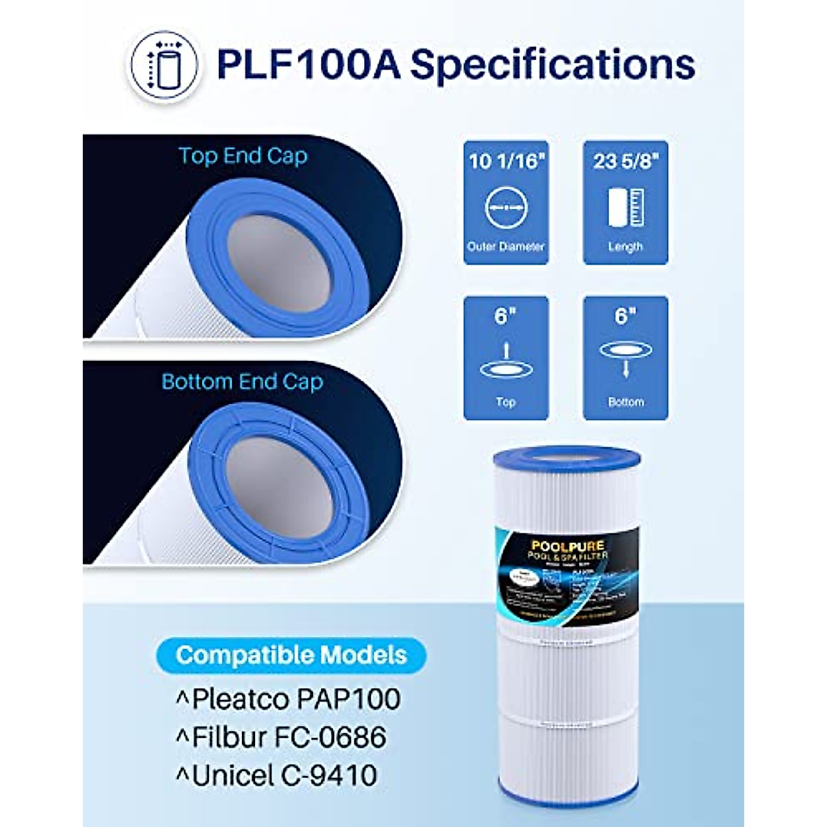 POOLPURE PLF100A Pool Filter Replaces Pentair CC100, CCRP100, PAP100, PAP100-4, Ultral-C3, Unicel C-9410, R173215, Filbur FC-0686, 59054200, 160316, 160354, Predator 100, L x OD:23 5/8" x 10 1/16"