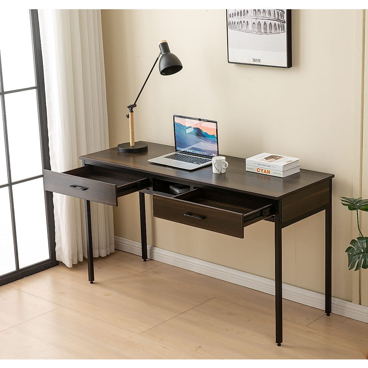 Aerkenga 55 inch Desk with Drawers Large Size Home Office Desk for Bedroom Office Use Desk with Storage Vanity Makeup Desk Drawer Desk Easy Install, Black