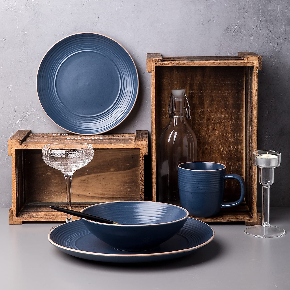 Arora RINGAR Round Stoneware 16pc Double Bowl Dinnerware Set for 4, Dinner Plates, Side Plates, Cereal Bowls, Pasta Bowls - Speckle Matte Blue (420796)