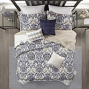 Madison Park Quilt Traditional Damask Design All Season, Lightweight Coverlet Bedspread Bedding Set, Matching Shams, Pillows, King/Cal King(104"x94"), Navy/White 6 Piece