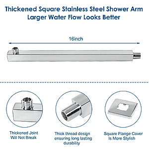 HarJue Shower Head with Extension Arm, High Pressure Square Shower Head with ShowerArm, Stainless Steel Rainfall Showerhead-Waterfall Full Body Coverage (12'' ShowerHead with 16'' Arm, Chrome)