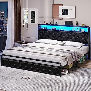 BTHFST King Size Bed Frame with Built-in LED Light Headboard, USB Ports & Outlets, Faux Leather Upholstered King Platform Bed Frame with Diamonds Tufting Design, Super Sturdy Bed Foundation, Black
