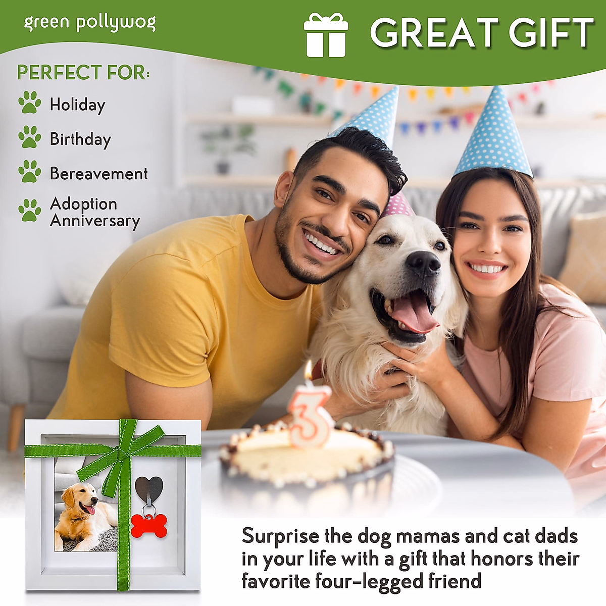 Green Pollywog Pet Memorial Shadowbox with Photo, Tag & Collar Display | White Frame with 4” x 6” Picture Opening | 10” x 10” x 2.5” Keepsake Box