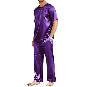 Ekouaer Men Satin Pajamas Set Round Neck Short Sleeve Night Shirt Long Pants with Elastic Waistband Silk Pj Set Purple Small