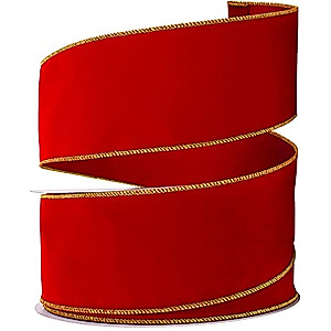 Red Velvet Ribbon Velvet Christmas Ribbon Red Wired 50 Yards/2.5 (2 1/2) Inch Wide w. Gold Trim Wire-Edge: Valentine, Xmas Gift Wrap, Christmas Tree Bows / Outdoor/ Wire Ribbons for Crafts/Gifts