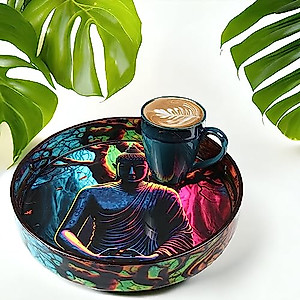 Crocon Decorative Round Serving Tray for Coffee Table Breakfast Buddha Printed Ottoman Tray Candle Holder Multipurpose Centerpieces for Dining Room Home Décor Makeup Drawer Organizer 12 Inch