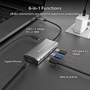j5create USB C Hub - 4K 60Hz HDMI, 2 USB-A 10Gbps, USB-C 10Gbps with PD 100W, Ethernet, | Multiport Adapter for MacBook, ChromeBook, XPS, Surface Pro (JCD392)