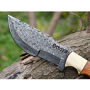 Ottoza Tracker Knife & Wood Handle - Damascus Hunting Knife - Horizontal Carry Knife Sheath 89