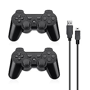 Powerextra Wireless Controller Compatible with PS-3, 2 Pack High Performance Gaming Controller with Upgraded Joystick for Play-Station 3 (Black)