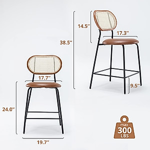 LUE BONA Faux Leather Bar Stools Set of 4,Rattan and Wood Backrest with Metal Legs，Modern Upholstered Round seat Chair Counter Height Barstools for Home Office Restaurants,24",Red Brown