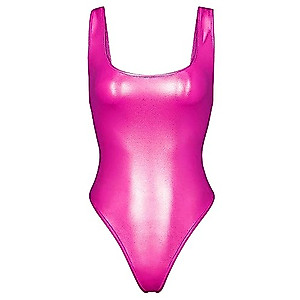 Metallic Swimwear for Women, Retro 70s One Piece Shiny Bathing Suit High Cut Rave Wear Disco Bodysuit (T043,Rose,M)
