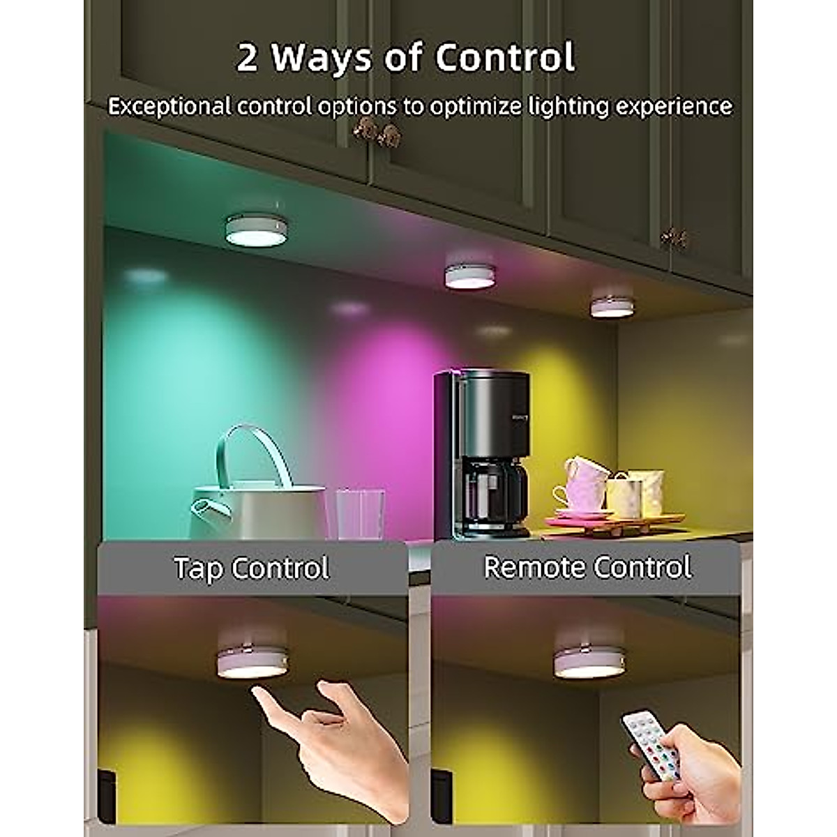 Rechargeable Color Changing Puck Lights, 1600mAh Battery Powered Tap Light with Remote Magnetic Push lights Stick On Closet Lights Wireless LED USB Shelf Light RGB Under Cabinet Touch Lights Classroom