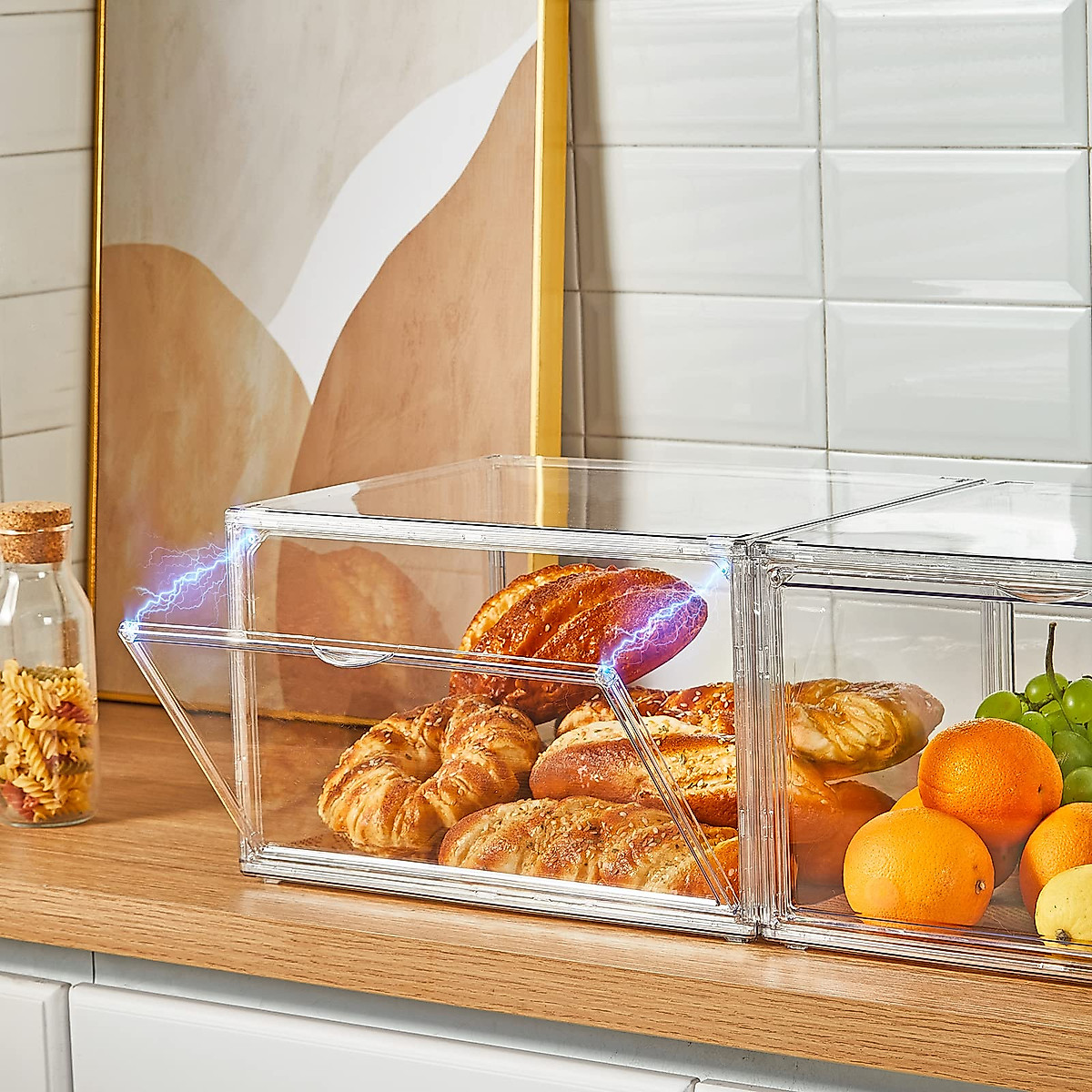 ORGIDOL Bread Box Clear 2 Packs Bread Box for Homemade Bread, Large Stackable Bread Storage Container with 50 Bread Papers, Kitchen Organizers and Storage, Bread Bin for Bread, Rolls, Muffin