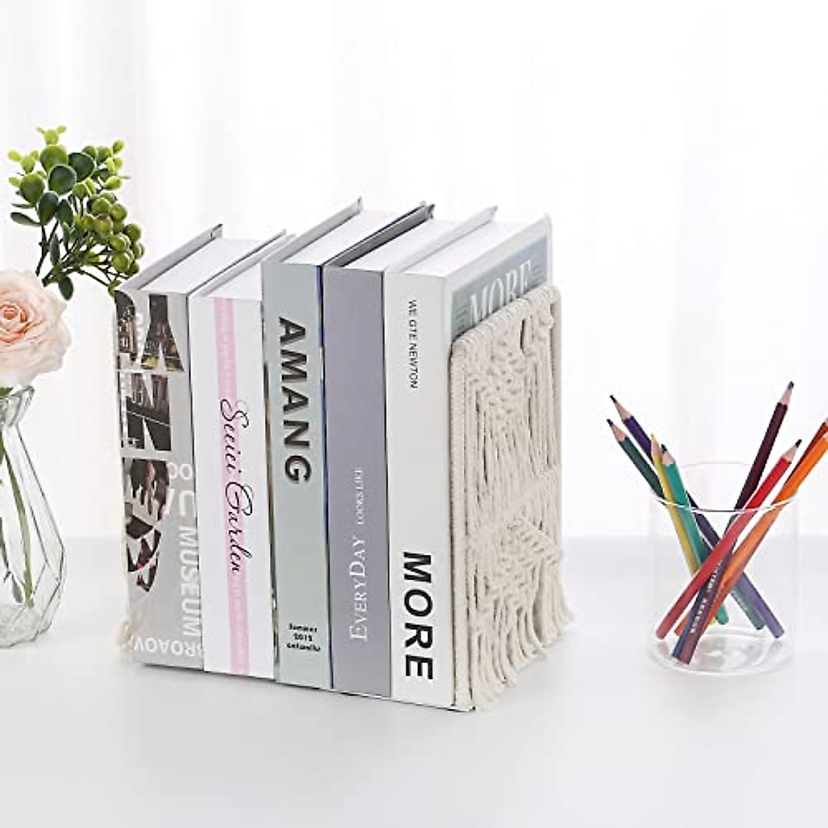 2 Pieces Boho Macrame Bookends Metal Book Stopper Farmhouse Modern Decorative Book Ends Movies CD Book Holders for Office Home Book Shelf (7.9x5.9x3.6 inch)