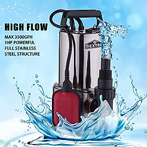 Dextra 1 HP Sump Pump Submersible 3500GPH Water Pump for Pool Draining, 750W Stainless Steel Submersible Utility Pump with Float Switch, 19FT Cord for Hot Tub,Draining Flood,House,Irrigation