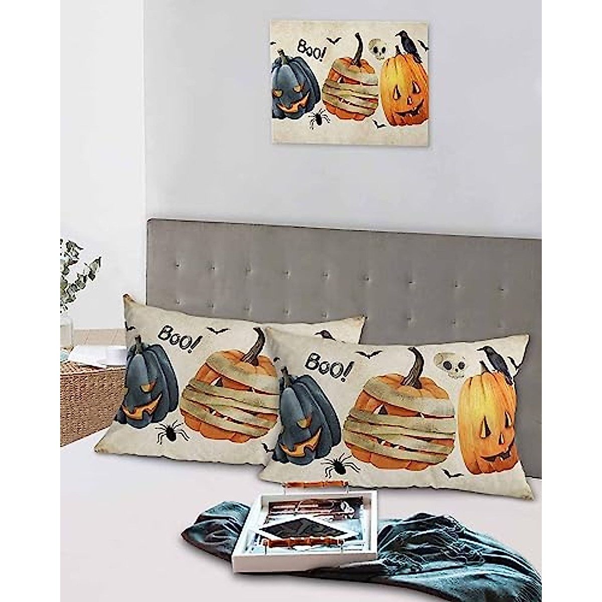 Edwiinsa Halloween Pillow Covers Standard Size Set of 2 Bed Pillow, Horror Orange Grey Pumpkin Bat Farmhouse Plush Soft Comfort for Hair/Skin Cooling Pillowcases with Envelop Closure 20''x26''