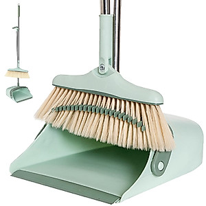 Broom and Dustpan Set/Broom and Dust Pan with Long Handle for Home, Rotating Broom Set, Broom and Upright Standing Dustpan with Comb Teeth Combo Set for Room Kitchen Office Lobby Indoor Floor Sweeping